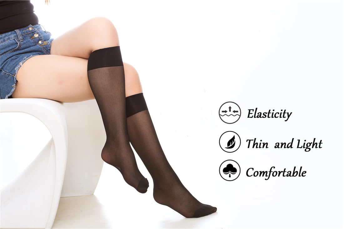 EABERN Womens Sheer Knee High Stockings,6 Pairs Nylon Trouser Socks with Reinforced Toe-black