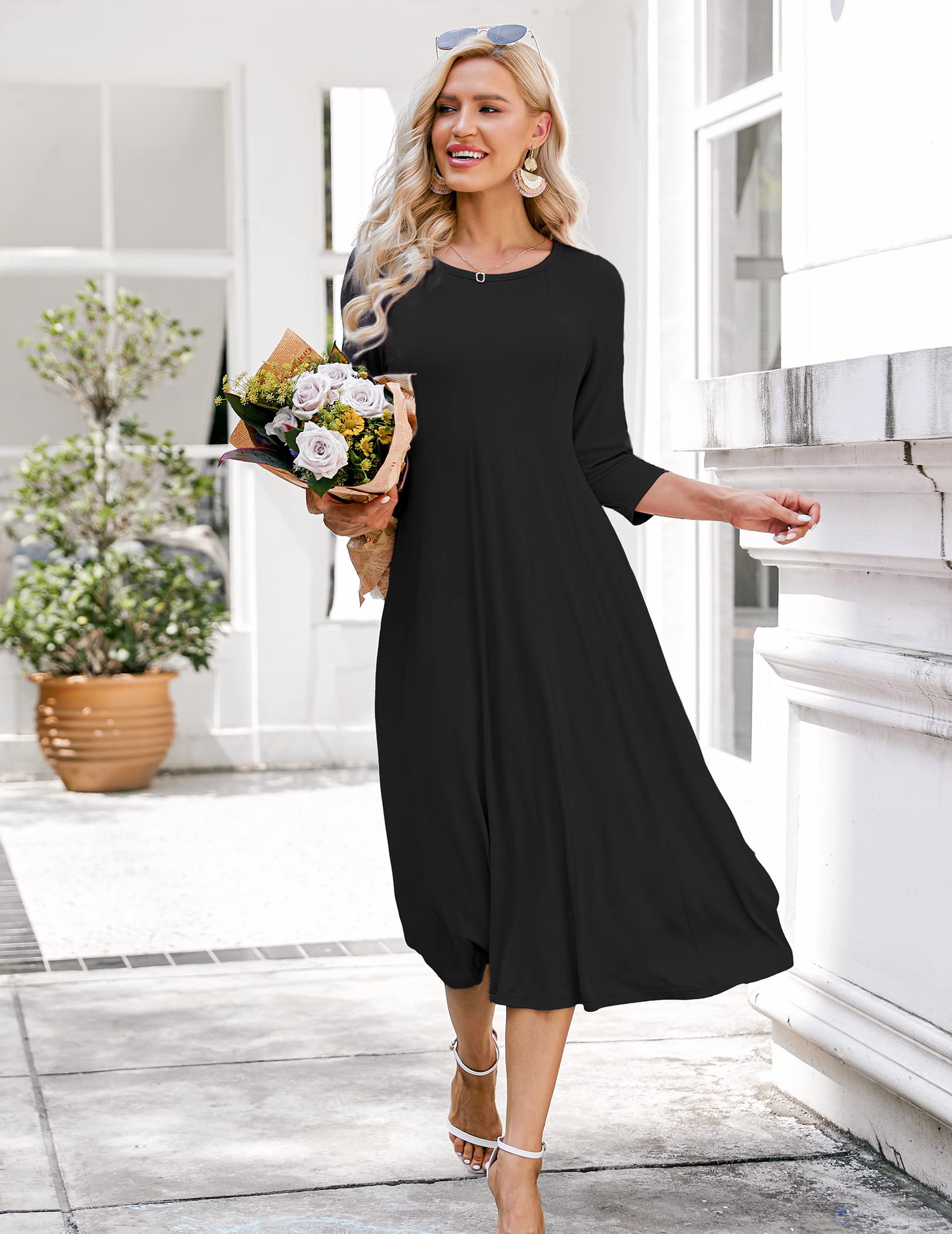 HOTOUCH Women's 3/4 Sleeve Casual Pleated Tshirt Dress (Black L)