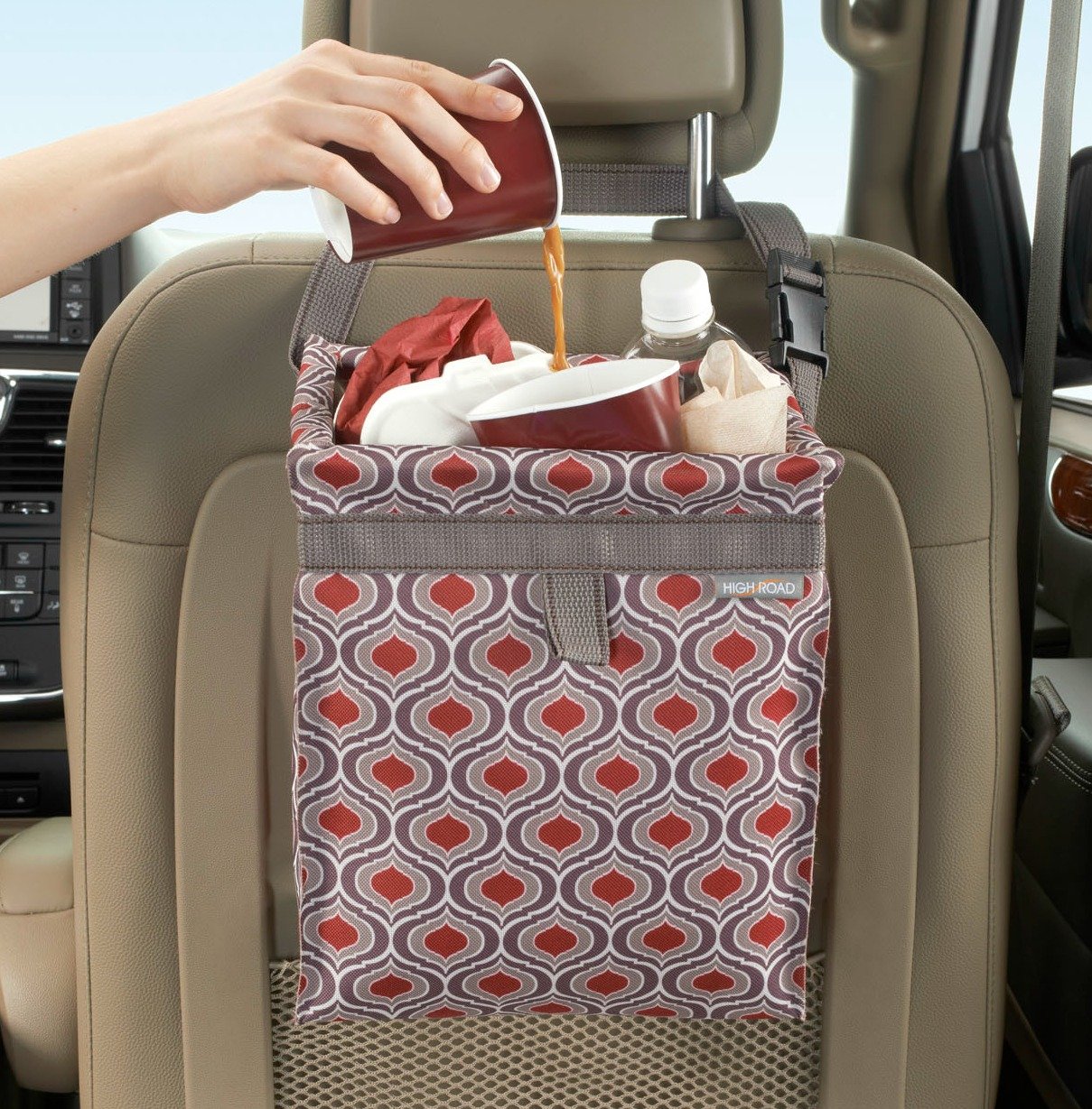 High Road TrashStash Hanging Car Trash Can and Garbage Bag with Push-Close Cover and Waterproof Bin for Cars, SUVs and Trucks (Sahara, 3 Gallon)