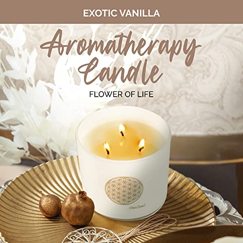 Large Exotic Spiced Vanilla Candle, Scented Candles for Home, Hand-Poured Aromatherapy 3 Wick Candle for Gift with Flower of Life Design, 50-Hour Burn Time, 14oz OneSoul Collection