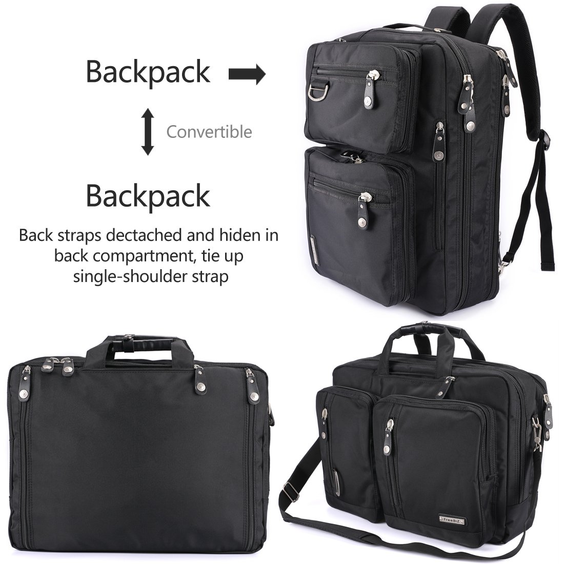 FREEBIZ Laptop Bag Convertible Backpack Business Briefcase Messenger Bag for 17.3 Inch Laptop Computer Notebook Chromebook for Men Women (Black)