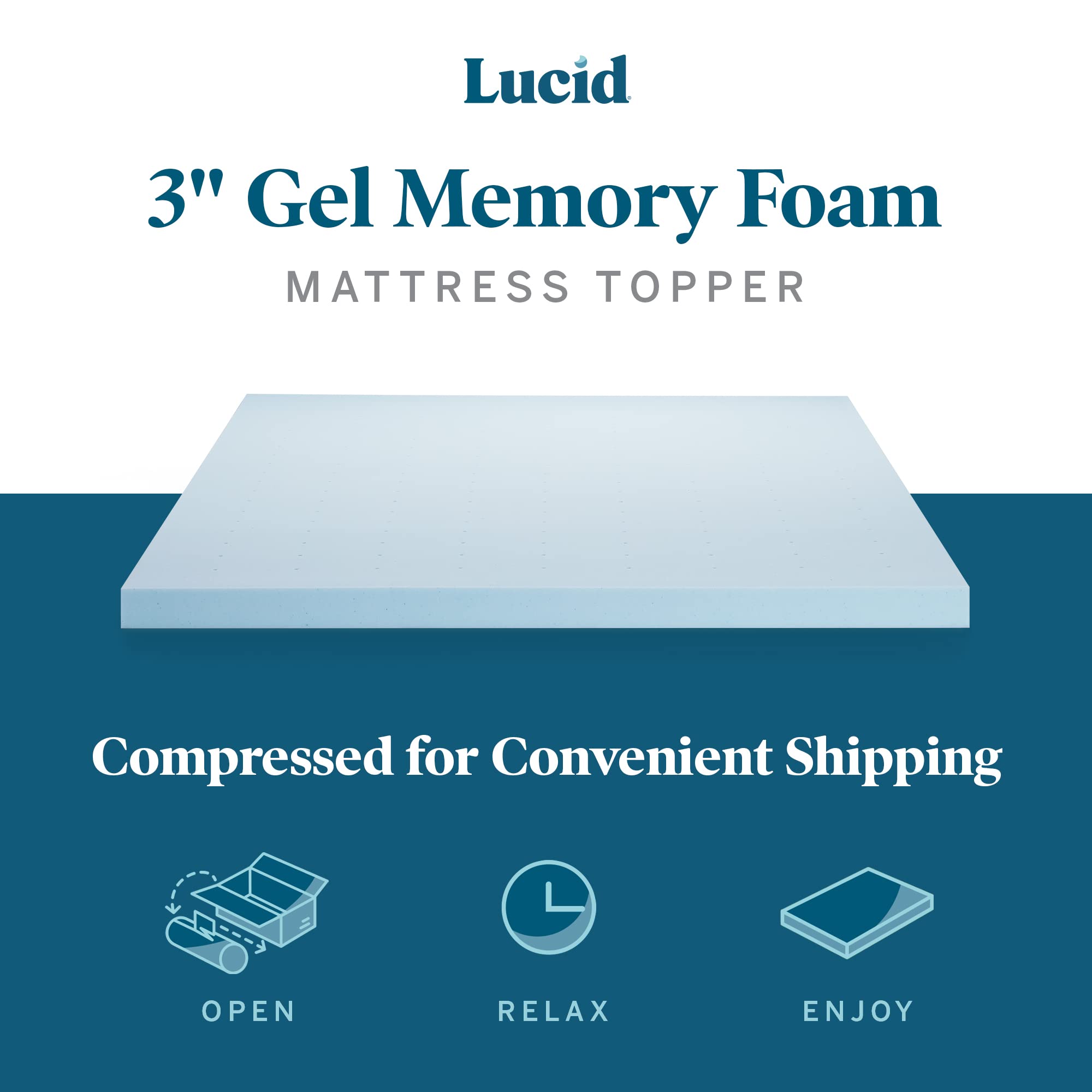 Lucid 3 Inch Mattress Topper King - Gel Infused Memory Foam – Memory Foam Mattress Topper King – Ventilated Design – CertiPur Certified, Light Blue