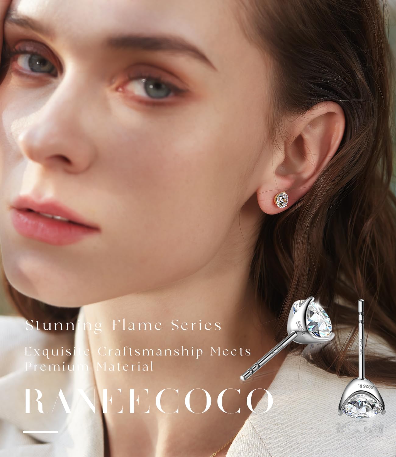 "STUNNING FLAME" 18K Gold Plated Silver Brilliant Cut Simulated Diamond Cubic Zirconia Stud Earrings(white-gold-plated-silver, 0.9)