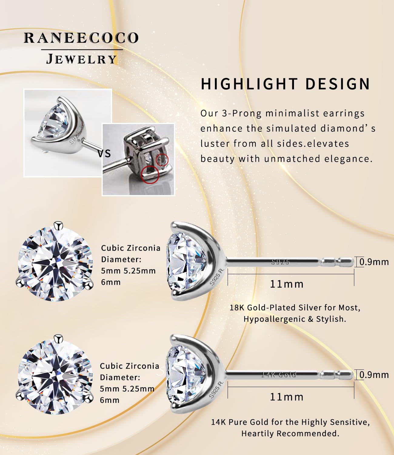 "STUNNING FLAME" 18K Gold Plated Silver Brilliant Cut Simulated Diamond Cubic Zirconia Stud Earrings(white-gold-plated-silver, 0.9)