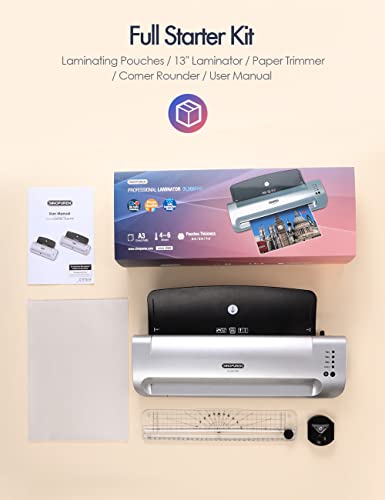 Laminator Machine, SINOPUREN 13-inch Thermal Laminator, with Paper Trimmer, Corner Rounder, 10 Pouches Sheets, Quick Warm-Up, Cold and Hot Laminating for Home/School/Office