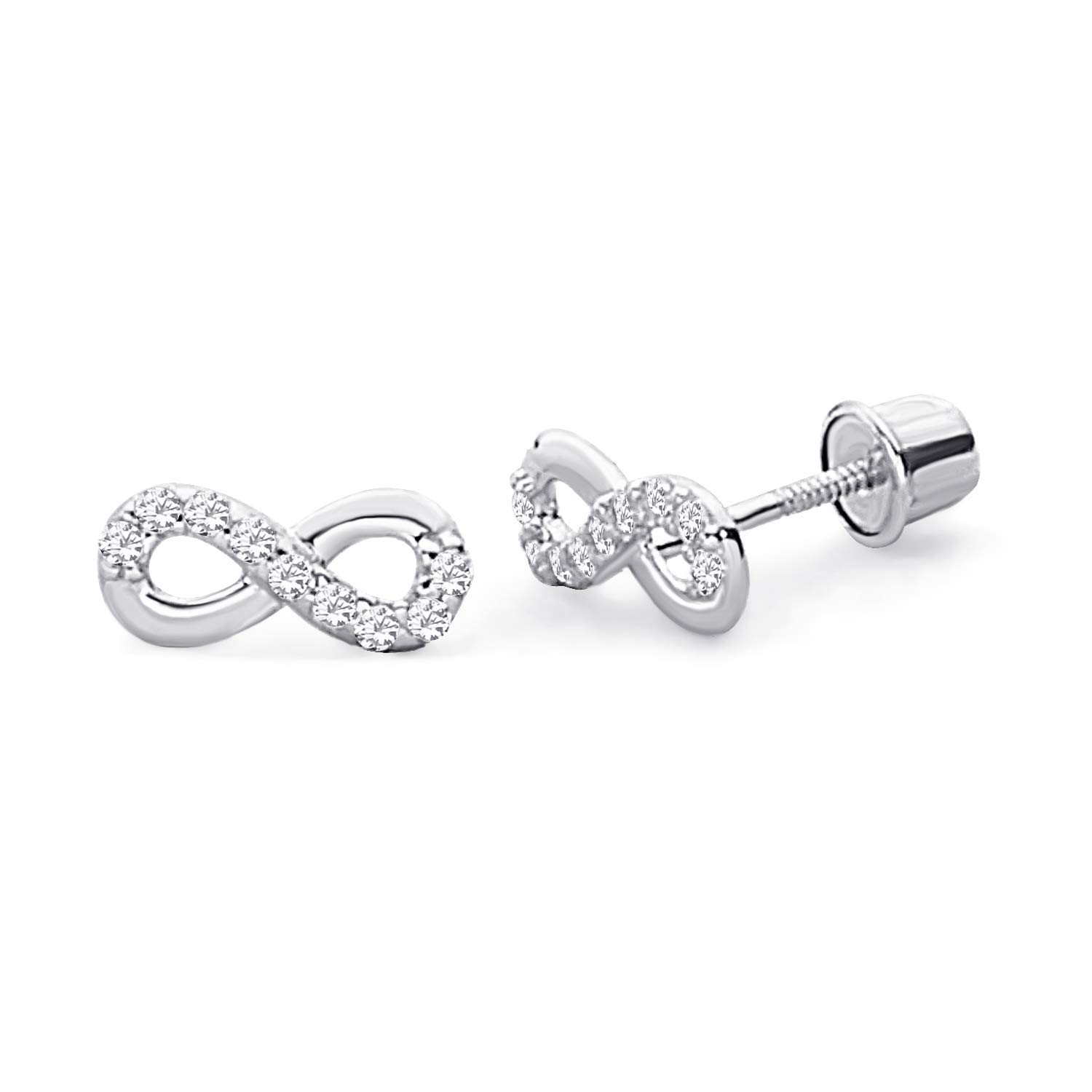 14k REAL White Gold Infinity Stud Earrings with Screw Back