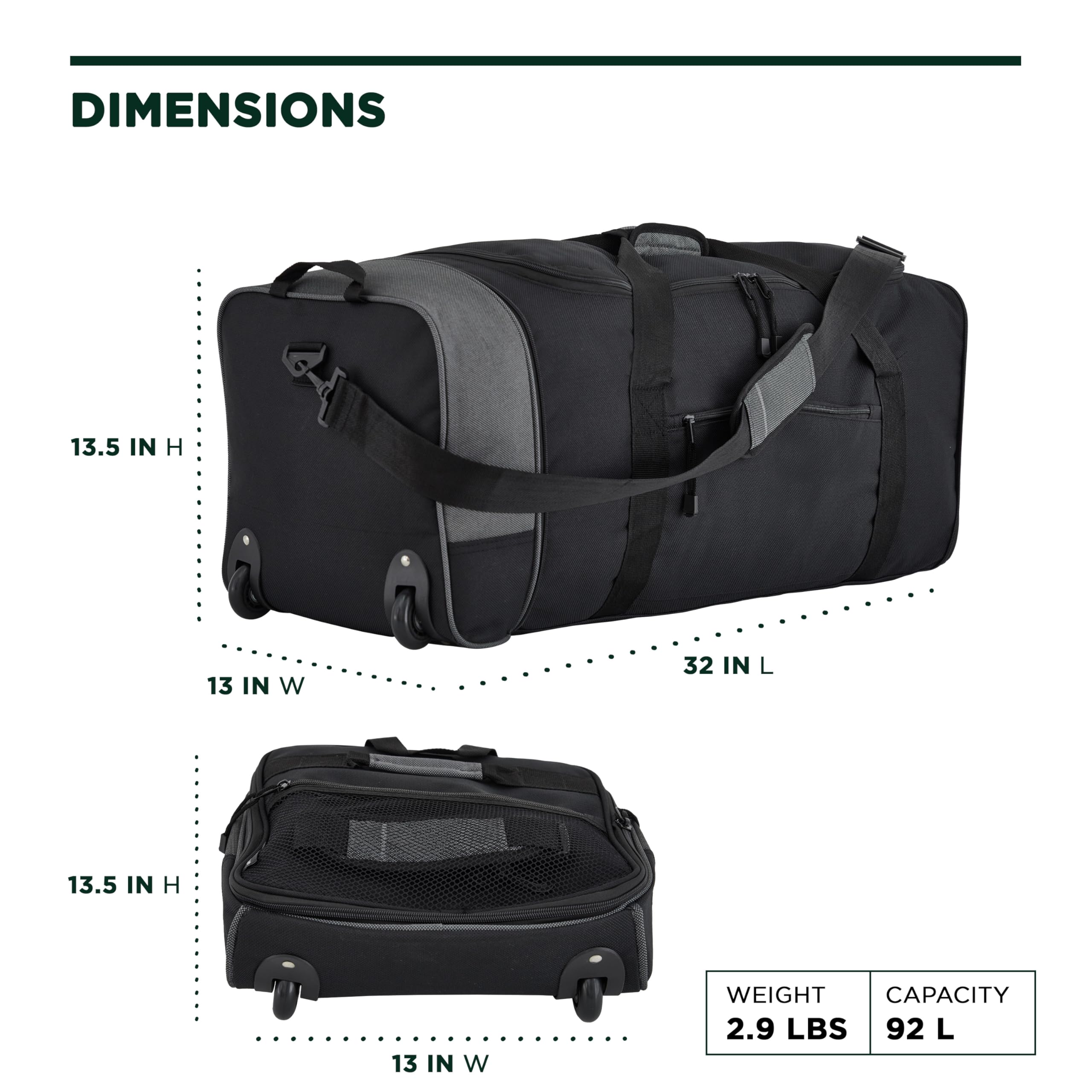 Travelers Club 32-Inch Collapsible Expandble Travel Rolling Duffel Bag, Black/Gray