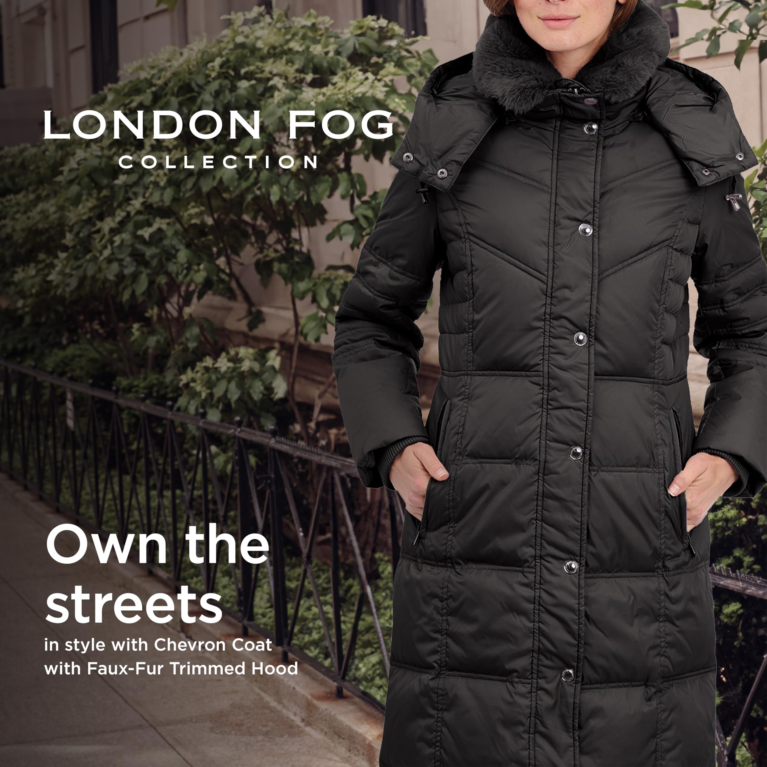 LONDON FOG Women's Chevron Coat with Faux Fur Trimmed Hood, Black, Medium