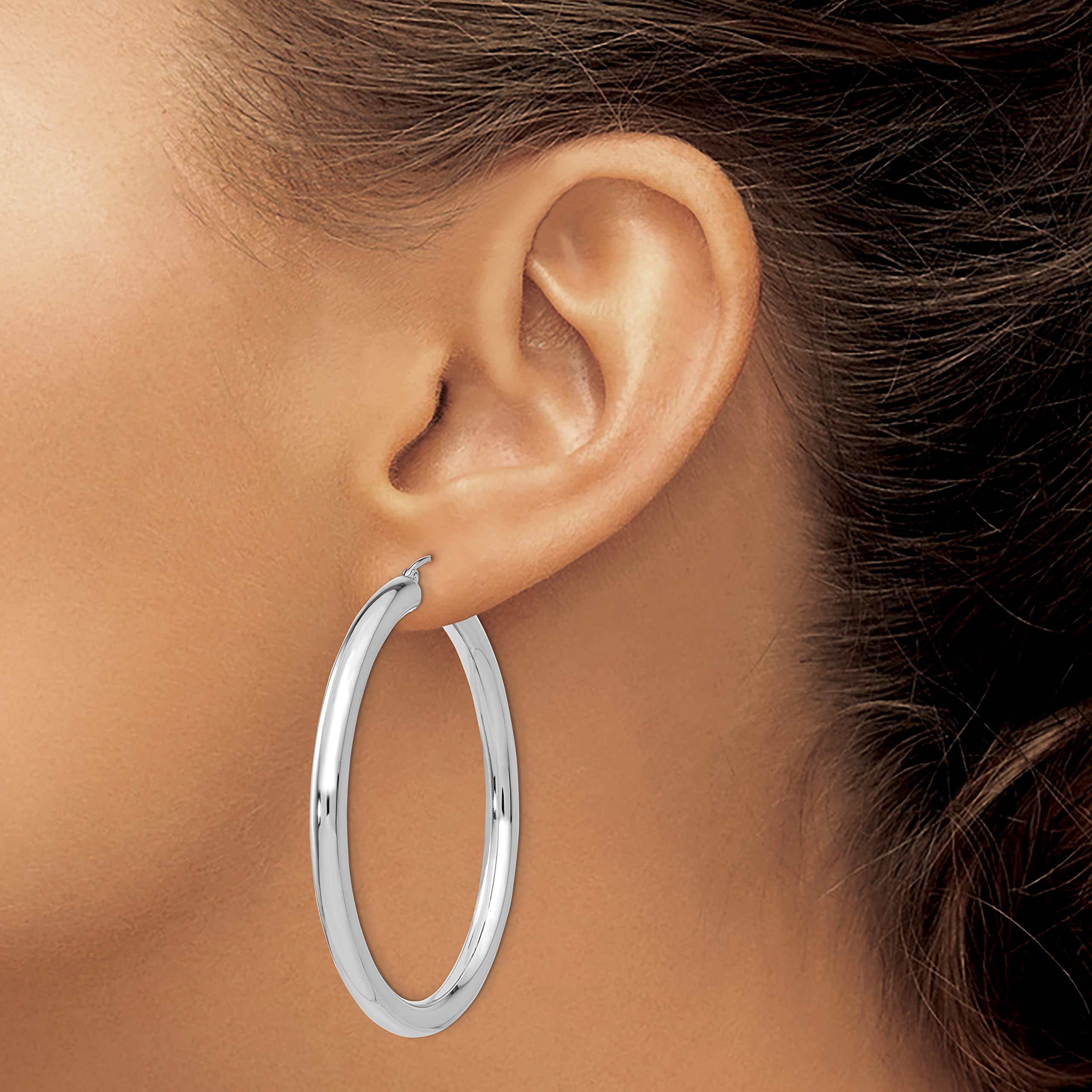 14K Solid White Gold 4mm Tube Round Extra Large Hoop Earrings
