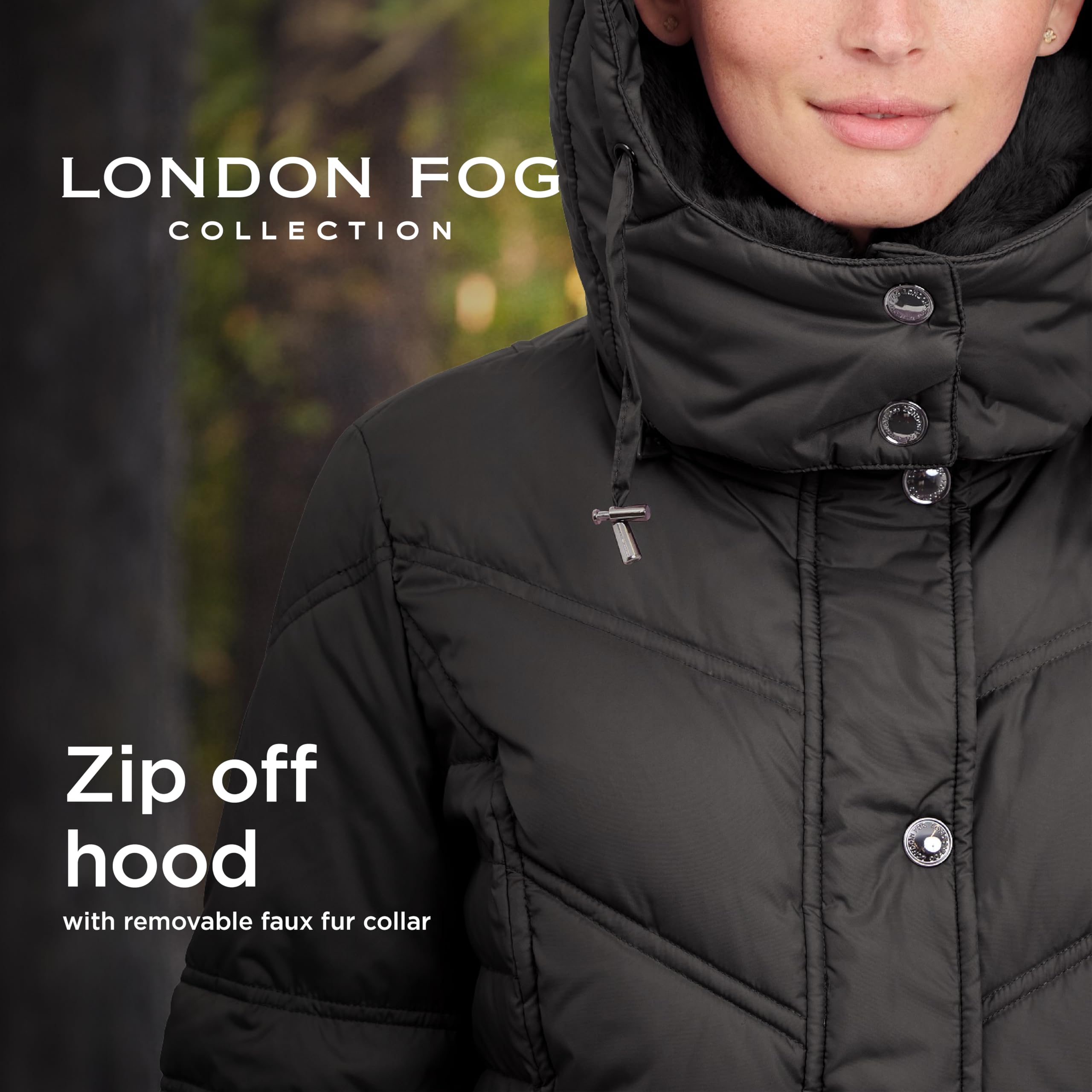 LONDON FOG Women's Chevron Coat with Faux Fur Trimmed Hood, Black, Medium