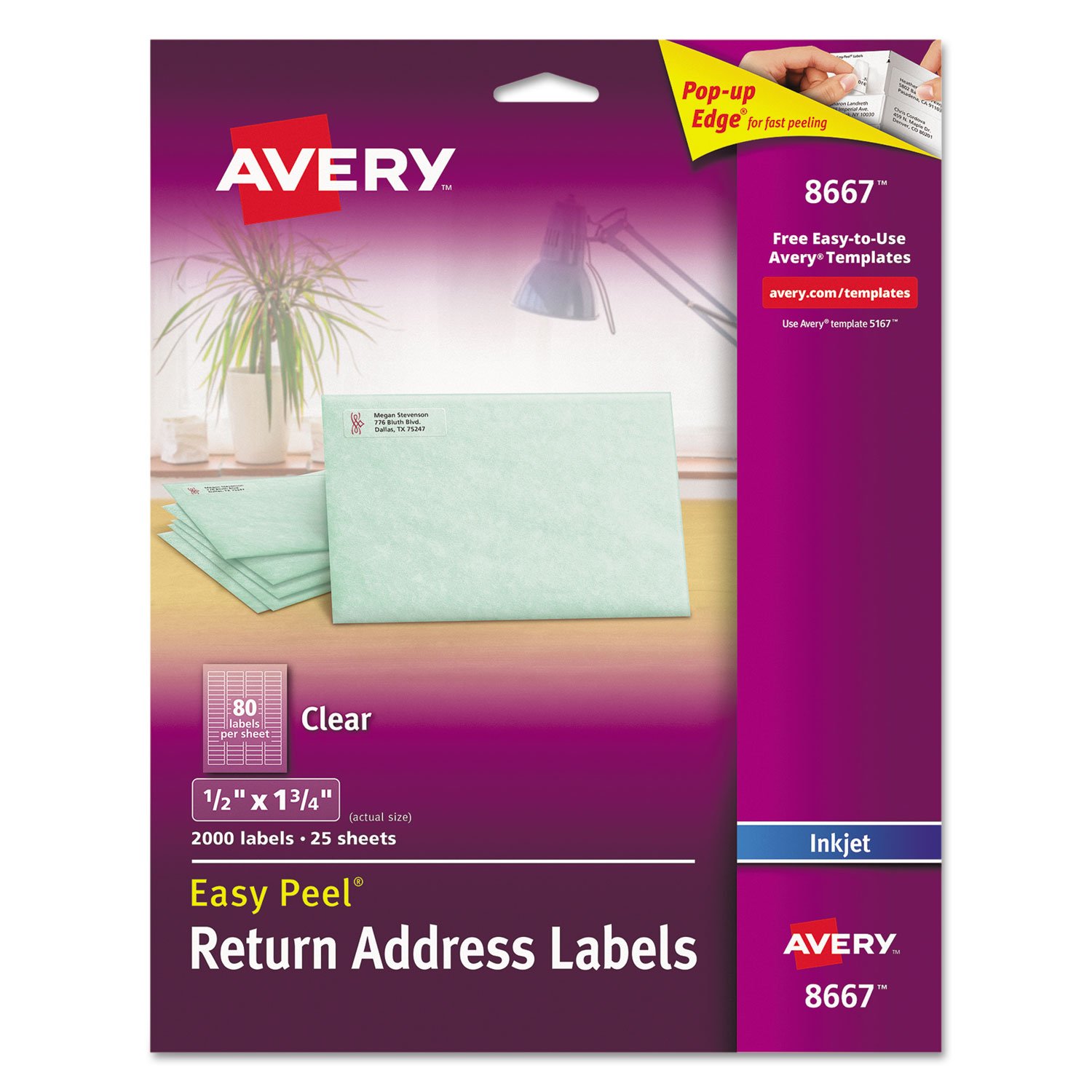Avery 8667 Clear Easy Peel Return Address Labels, Inkjet, 1/2 x 1-3/4, 2000/PK