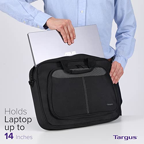 Targus Intellect Slim Slipcase Bag with Durable Water-Resistant Nylon, Two Large Exterior Pockets, Removable Shoulder Strap, Protective Sleeve for 14-Inch Laptop and Tablet, Black (TBT260)