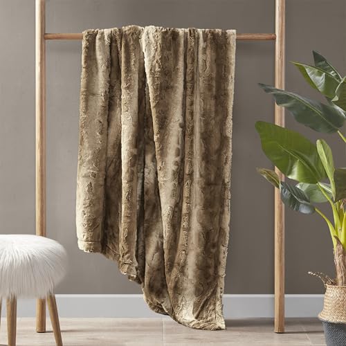 Madison Park Zuri Soft Plush Luxury Oversized Faux Fur Throw Animal Stripes Design, Faux Mink On The Reverse, Modern All Seasons Blanket for Bed, Sofa Couch, Office, Tan, 60x70"
