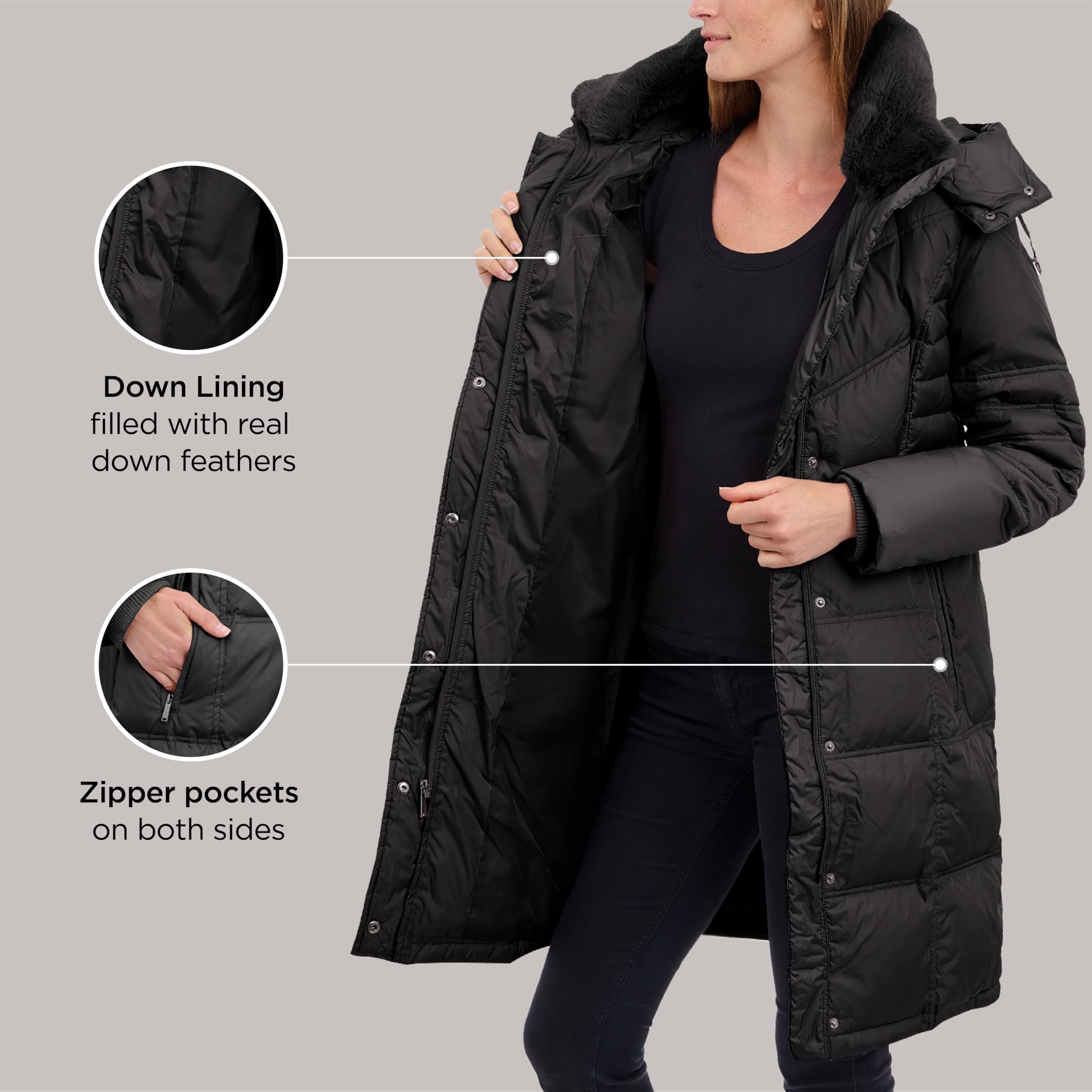 LONDON FOG Women's Chevron Coat with Faux Fur Trimmed Hood, Black, Large