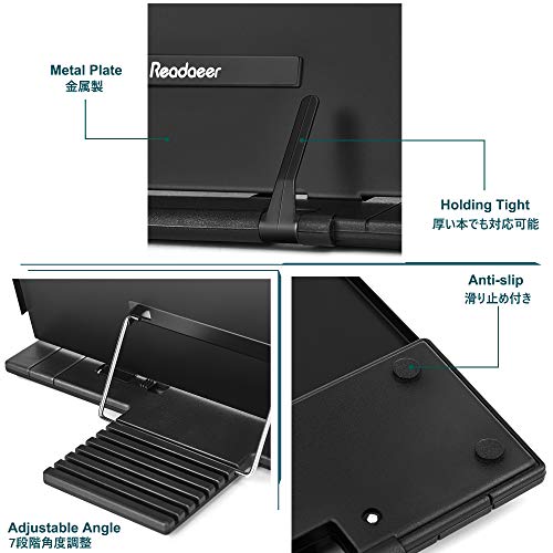 Readaeer Metal Book Stand for Desk Portable Document Holder for Cook Book, Music Book, iPad, Laptop, Reading Rest with 7 Adjustable Positions and Page Paper Clips