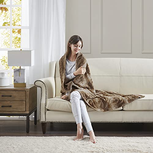 Madison Park Zuri Soft Plush Luxury Oversized Faux Fur Throw Animal Stripes Design, Faux Mink On The Reverse, Modern All Seasons Blanket for Bed, Sofa Couch, Office, Tan, 60x70"
