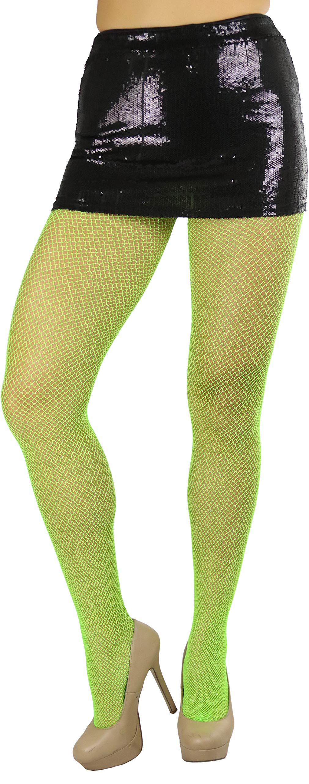 ToBeInStyle Womens Spandex Seamless Glittery Fishnet Pantyhose Tights Hosiery - Neon Green With Silver Glitter - One Size: Regular