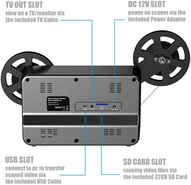 8mm & Super 8 Reels to Digital MovieMaker Pro Film Digitizer,Film Scanner,Converts Frame by MP4 Files, with 2.4'' Screen, Viewing Saving on SD Card(Included) for 3”5”7”9” Reels