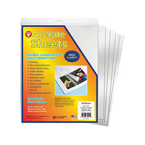 Hygloss Products Acetate Sheets for Crafts, Clear Overhead Projector Sheets Acetate-Like, For Arts And Craft Projects and Classrooms, Not for Printers, 8.5” x 11”, 48 Pack