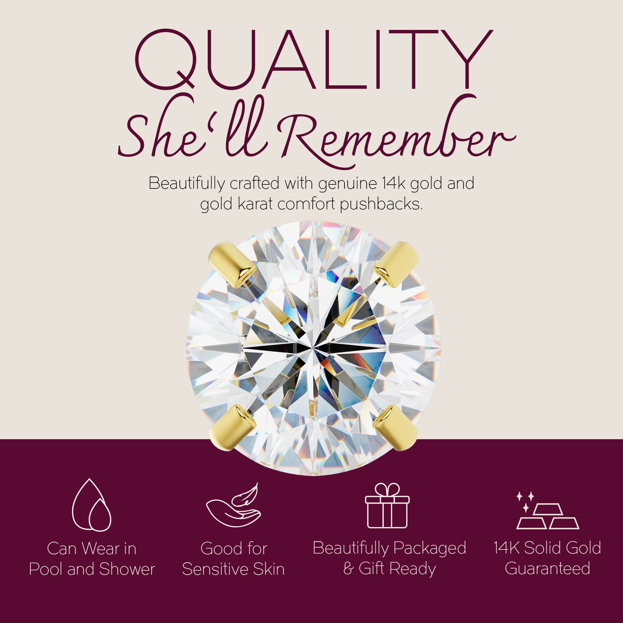 14kt Yellow Gold Tiny Cubic Zirconia Small CZ Solitaire Stud Earrings with Screwback (2.5mm)