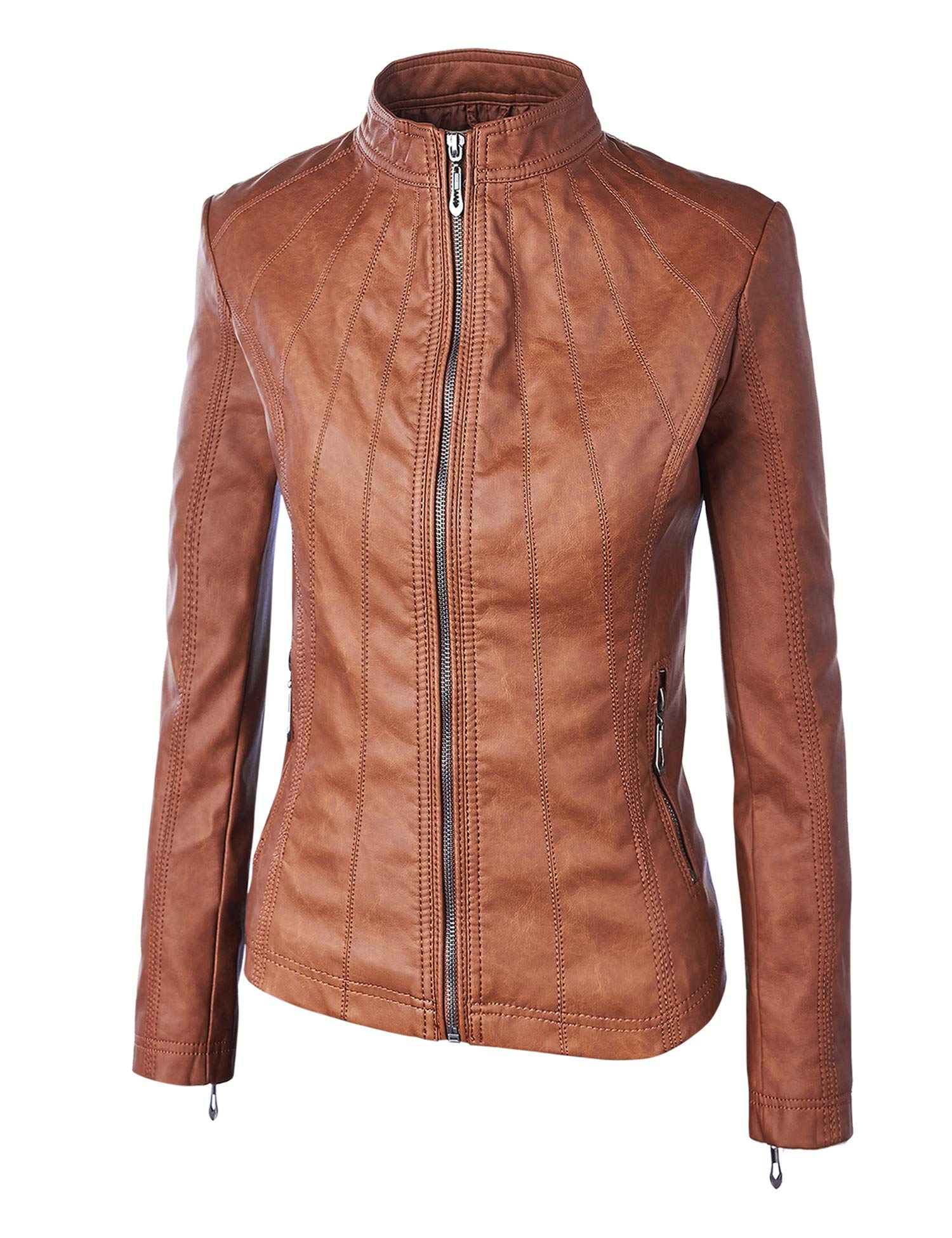 Made By Johnny MBJ WJC877 Womens Panelled Faux Leather Moto Jacket XL Camel