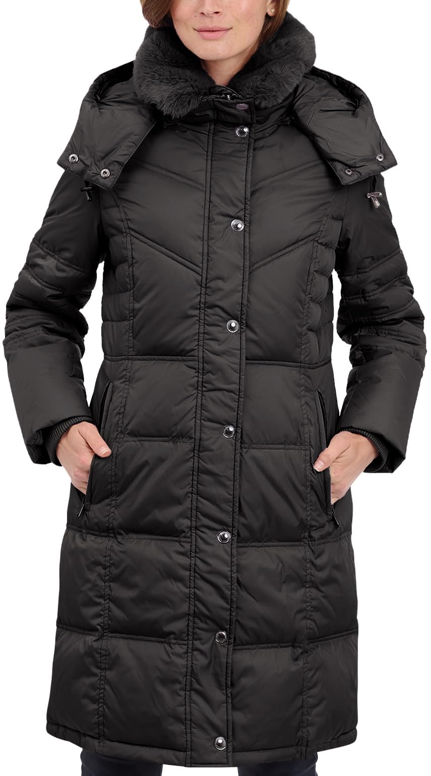 LONDON FOG Women's Chevron Coat with Faux Fur Trimmed Hood, Black, Medium
