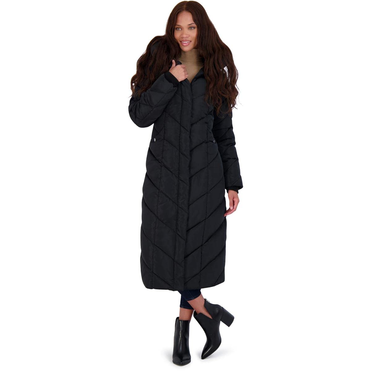 Steve Madden womens Long Chevron Maxi Puffer down alternative outerwear coats, Black, Medium US