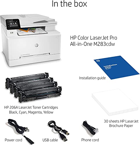 HP Color Laserjet Pro MFP M283cdw Wireless All-in-One Laser Printer, White - Print Scan Copy Fax - 2.7" LCD Display, 22 ppm, 600 dpi, Auto 2-Sided Printing, 50-Sheet ADF, Ethernet, USB, Cbmoun