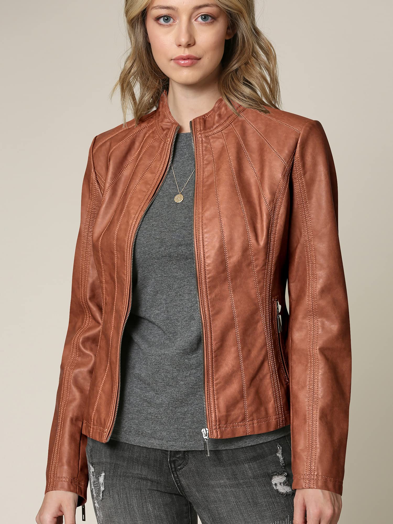 Made By Johnny MBJ WJC877 Womens Panelled Faux Leather Moto Jacket XL Camel