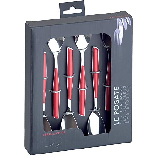 BUGATTI, Glamour, Set of 6 18/10 Stainless Steel Teaspoons and Handles Mixed Colours: Ivory, Blue, Iris, Green, Orange, Red, Moulding Pro-Tech System