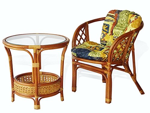 Wickerix Lounge Bahama Natural Rattan Armchair with Cushion Handmade Design Tropical Style, Colonial