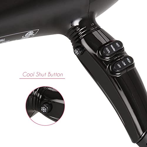 BERTA 1875W Professional Salon Hair Dryer Negative Ionic Blow Dryer, 2 Speed 3 Heat Settings Cool Button with AC Motor, Concentrator Nozzle & Diffuser