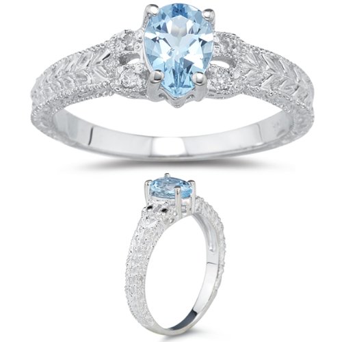 Studs Galore 0.04 Ct Diamond & 0.56 Ct Aquamarine Filigree Ring in 14 K White Gold-6.5
