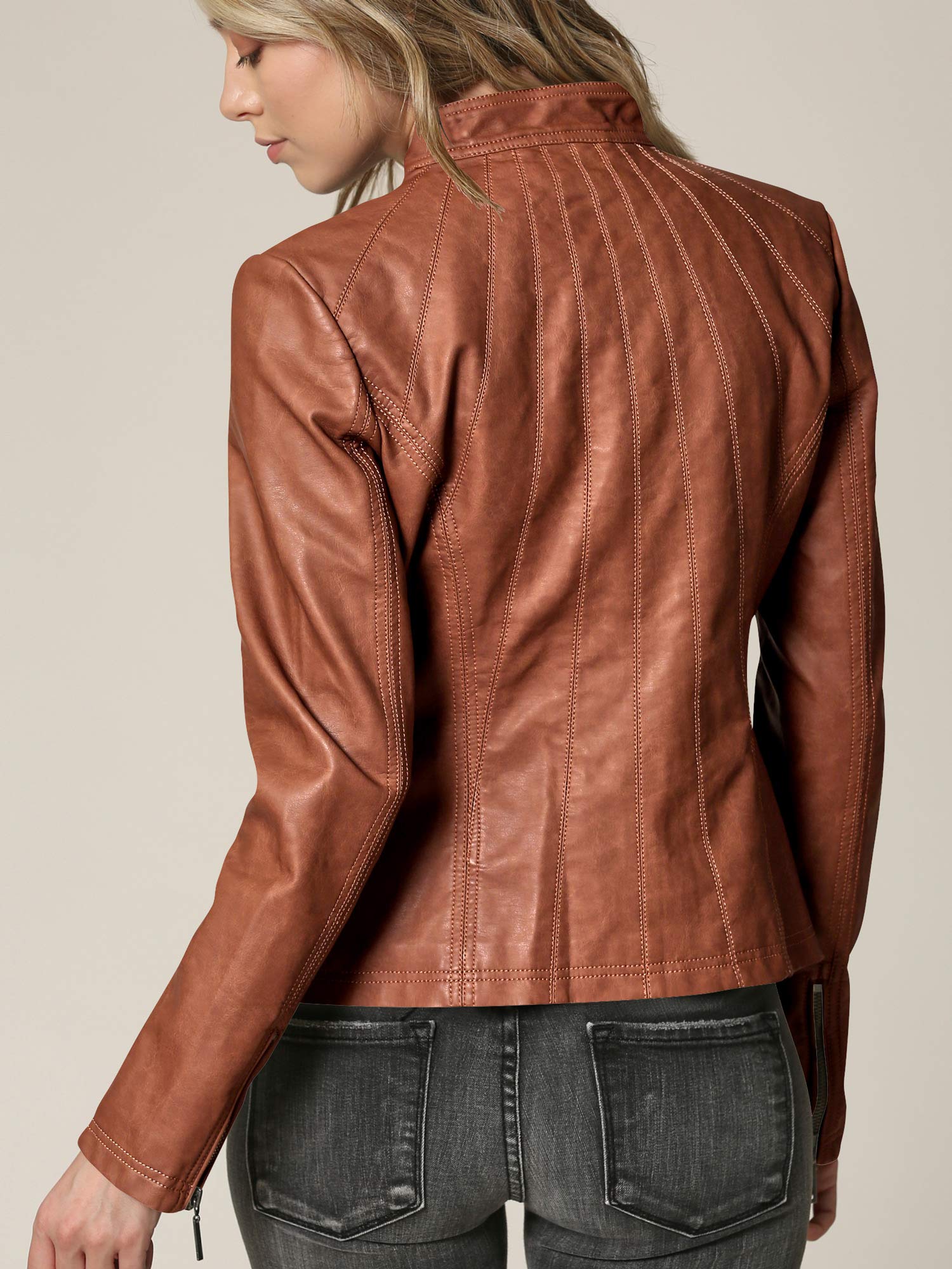 Made By Johnny MBJ WJC877 Womens Panelled Faux Leather Moto Jacket XL Camel