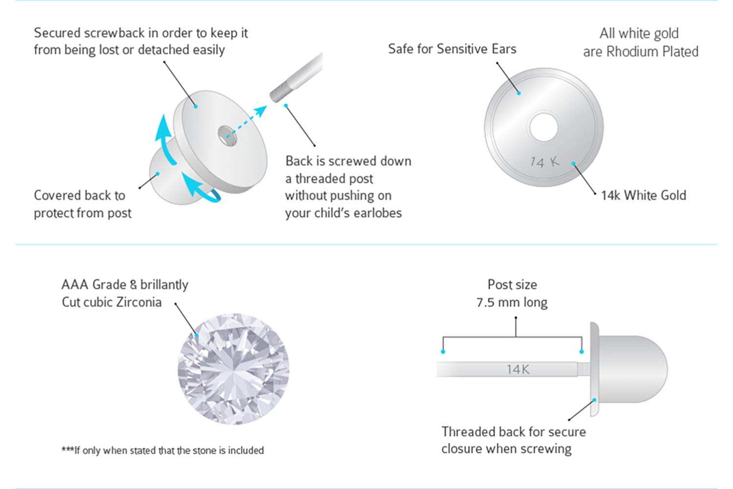 14k White Gold 4mm Basket Pink Round Cubic Zirconia Children Screw Back Baby Girls Earrings