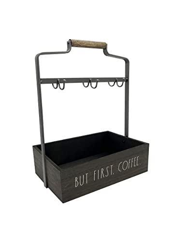 Rae Dunn Coffee Mug Holder - 6 Hook Coffee Cup Rack with Rectangular Rustic Style Crockery Holder - Storage or Display - Mug Stand Organizer for Kitchen Counter or Cafe Countertop - But First Coffee