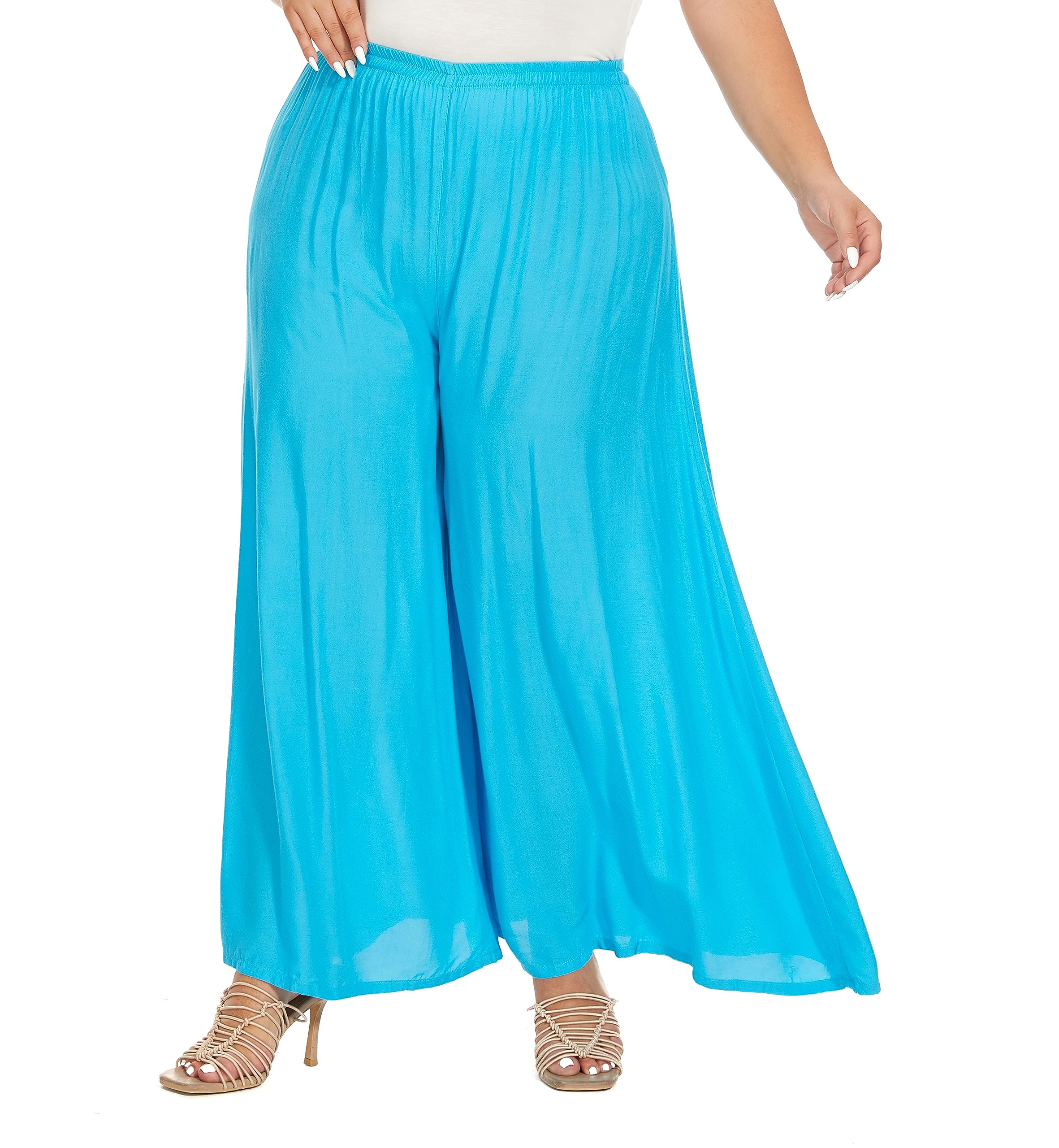 Beautybatik Black Solid Rayon Women Flowy Loose Palazzo Wide Leg Flare Pants Trouser Plus Size 2X