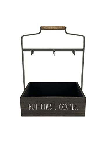 Rae Dunn Coffee Mug Holder - 6 Hook Coffee Cup Rack with Rectangular Rustic Style Crockery Holder - Storage or Display - Mug Stand Organizer for Kitchen Counter or Cafe Countertop - But First Coffee