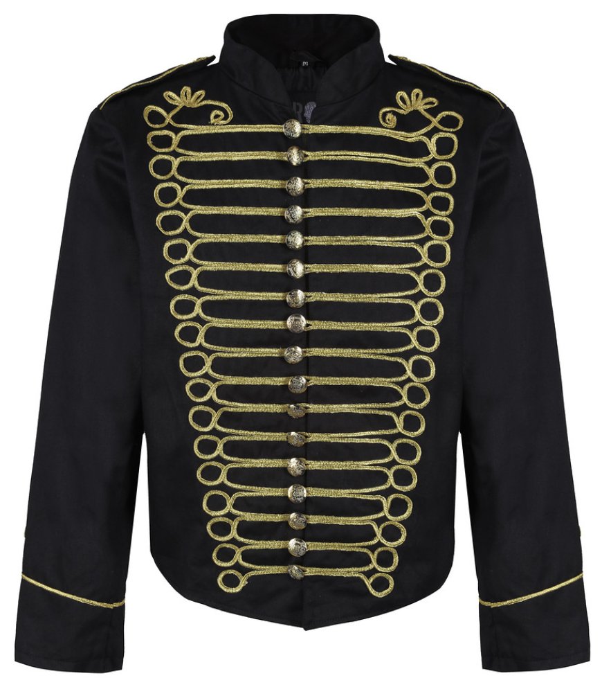 Ro Rox Men's Punk Officer Military Drummer Parade Jacket - Black & Gold (Men's S)
