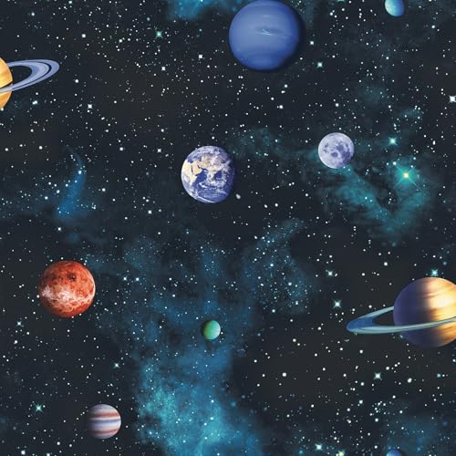 Arthouse Kids Cosmos Space Planets Charcoal Gray Wallpaper - Twinkling Stars on a Midnight Background with Green Accents - Amazing 3D Effect - Ideal for Teenager Bedroom - 668100