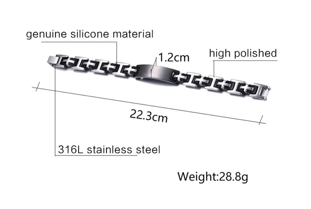 VNOX High Polished Stainless Steel ID Bracelet Bangle Silicone Chain (Free Engraving) 12mm Width,8.8"