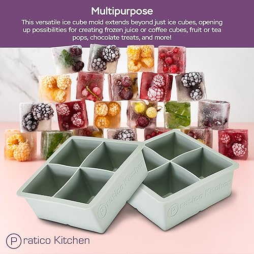 Pratico Kitchen Large Ice Tray, 4 Big 2.25 inch Ice Cubes for Whiskey and Cocktails, 2 Pack
