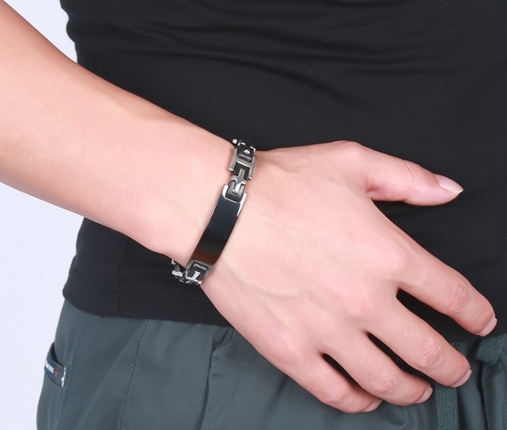 VNOX High Polished Stainless Steel ID Bracelet Bangle Silicone Chain (Free Engraving) 12mm Width,8.8"