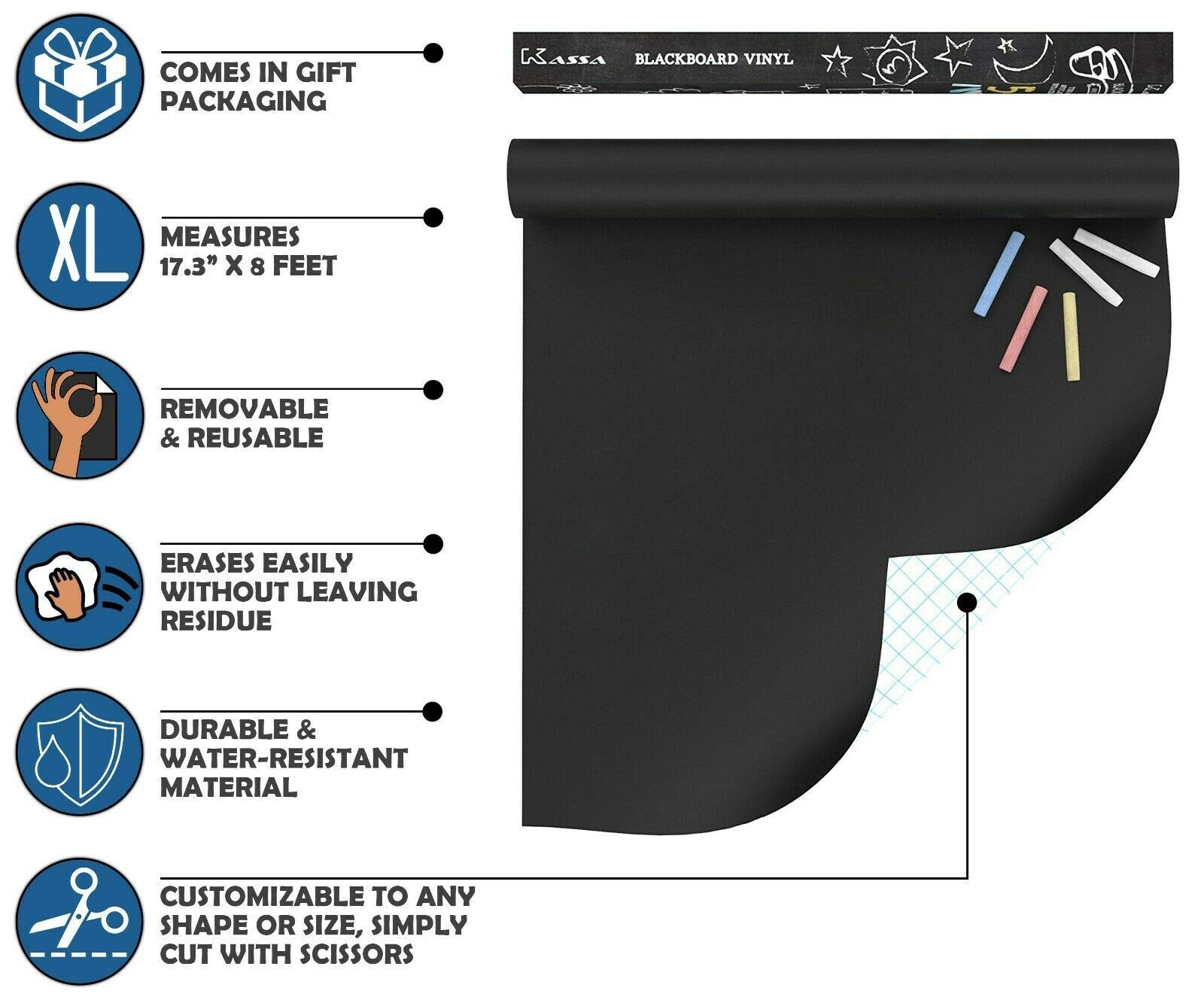 Kassa X-Large Chalkboard Wallpaper - Clear | 1.4ft x 8ft Adhesive Paper Roll | Includes 3 Markers & Eraser Cloth | Peel & Stick on a Wall, Table & Desk | Ideal for Use at Home, School, Office & More