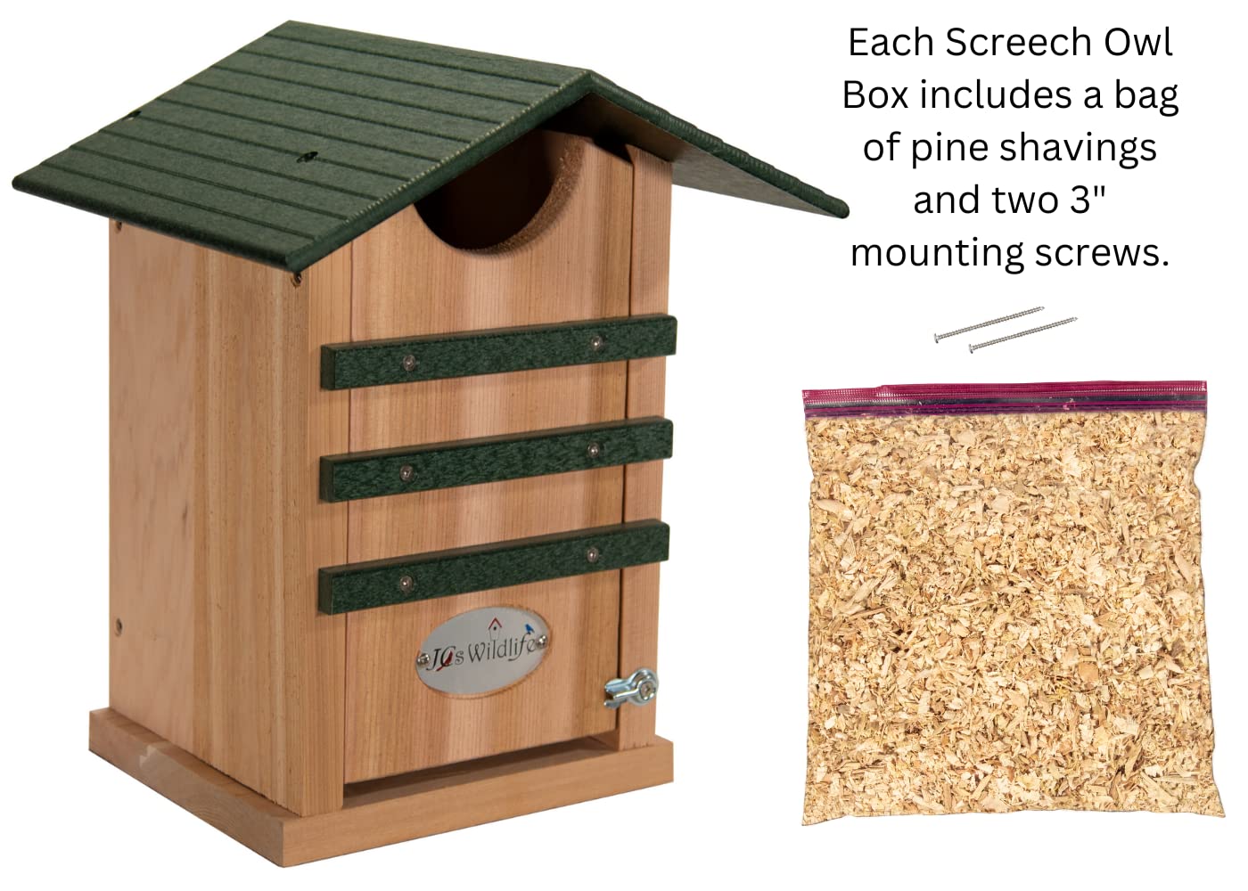 JCs Wildlife Screech or Saw-Whet Owl House - Cedar Nesting Box With Poly Lumber Roof - Made in the USA