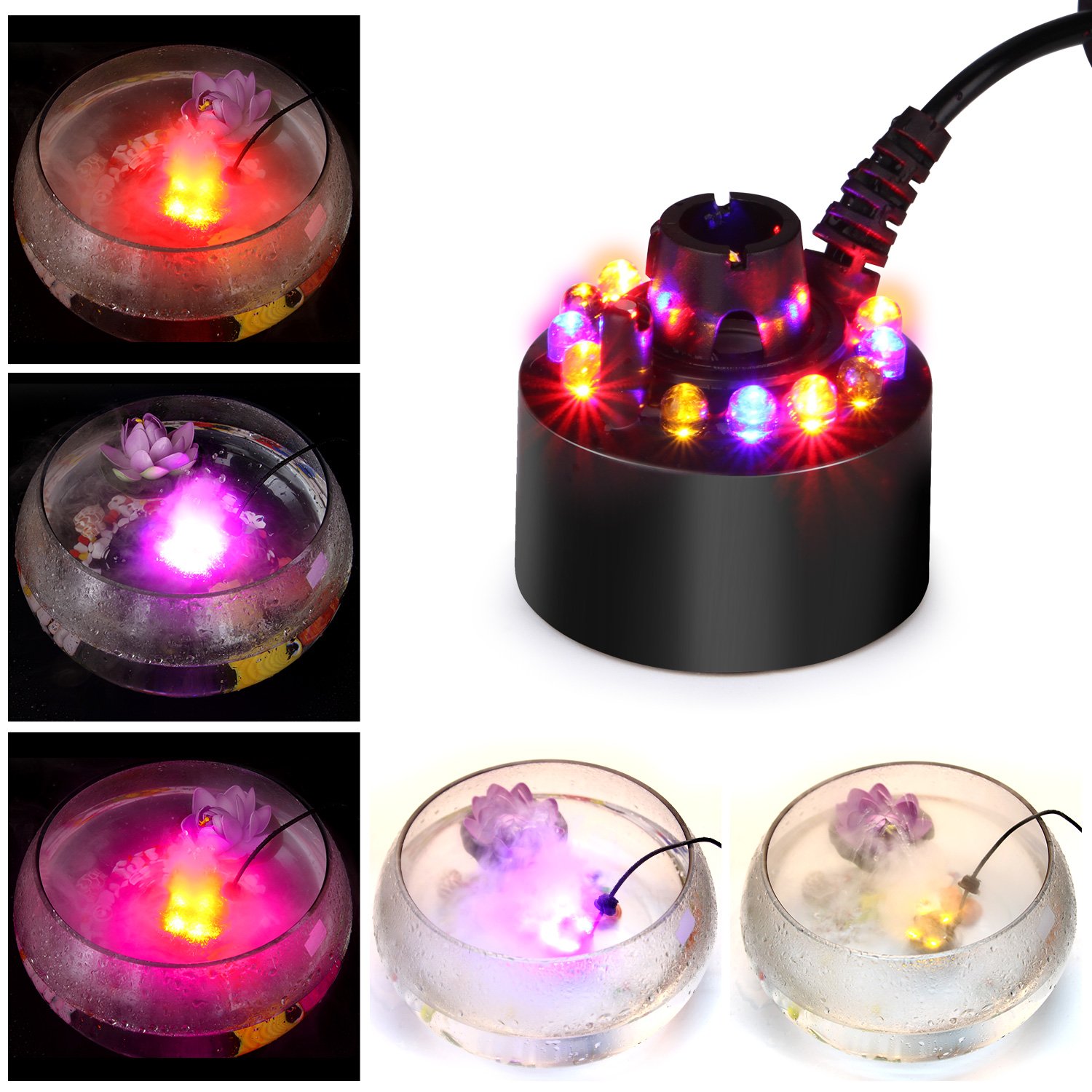 AGPTEK Mist Maker Fogger Water Fountain Pond Fog Machine Atomizer Air Humidifier with 12 LED Light Color Change for Office Home Room Car, Black