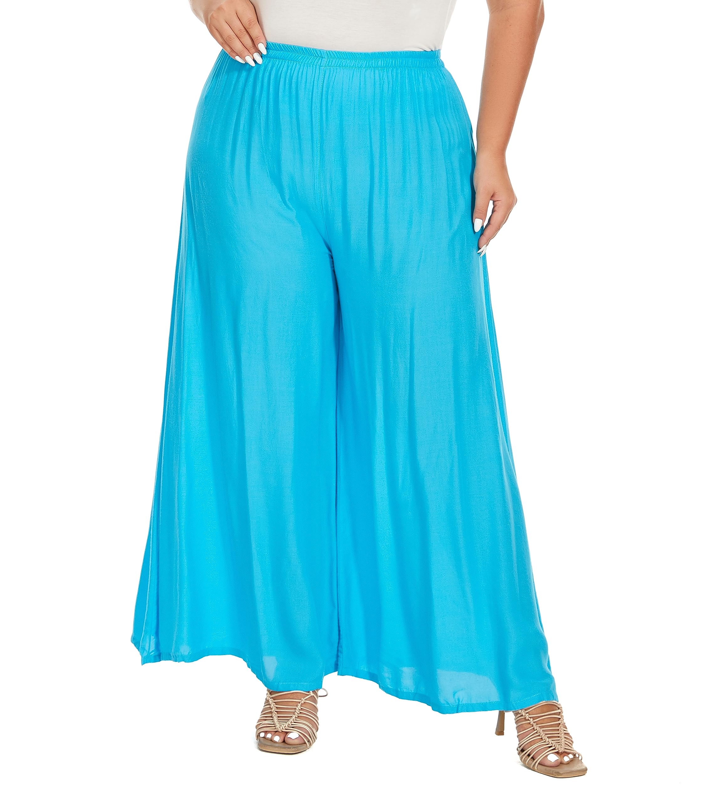 Beautybatik Black Solid Rayon Women Flowy Loose Palazzo Wide Leg Flare Pants Trouser Plus Size 2X