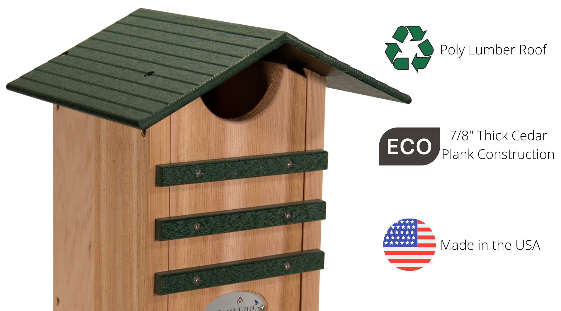 JCs Wildlife Screech or Saw-Whet Owl House - Cedar Nesting Box With Poly Lumber Roof - Made in the USA