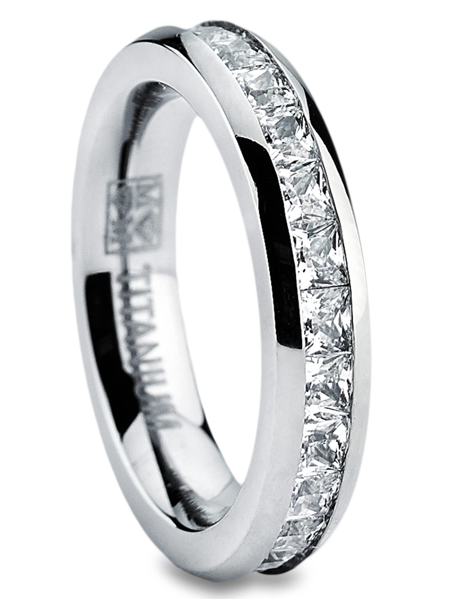 Metal Masters 3MM High Polish Princess Cut Ladies Eternity Titanium Ring Wedding Band with Cubic Zirconia CZ Size 5.5