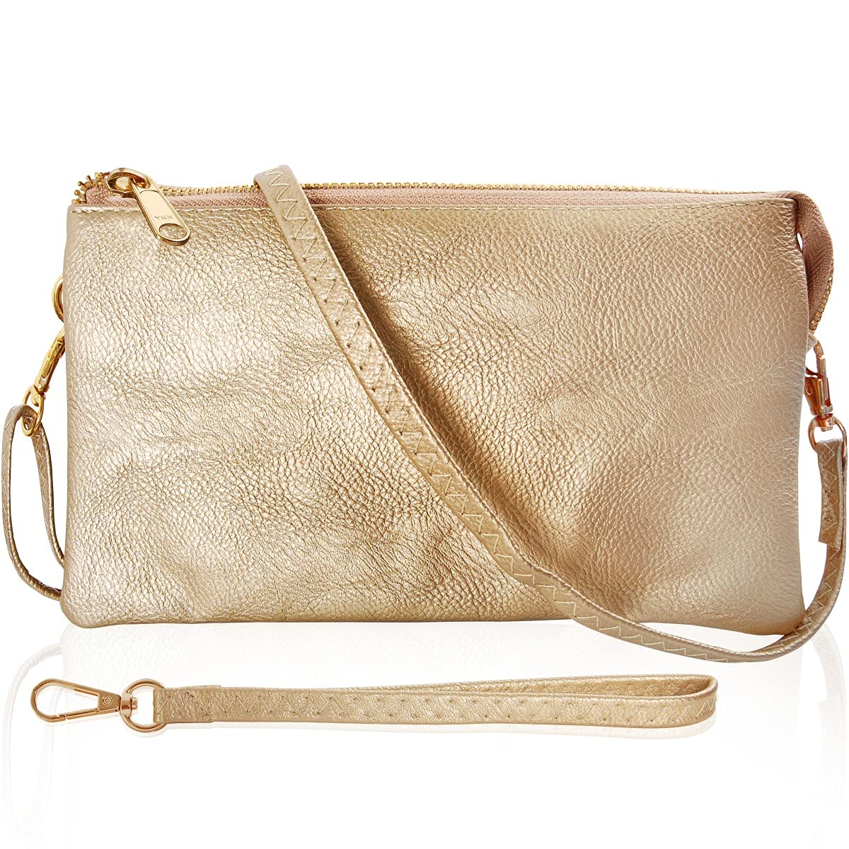 Humble Chic NY Gold Crossbody Purse - Small Gold Wristlet Purse, Crossbody Clutch Wallet for Women, Vegan Leather Clutch Wristlets for Women, Dressy Evening Handbags, Small Vegan Leather Bag